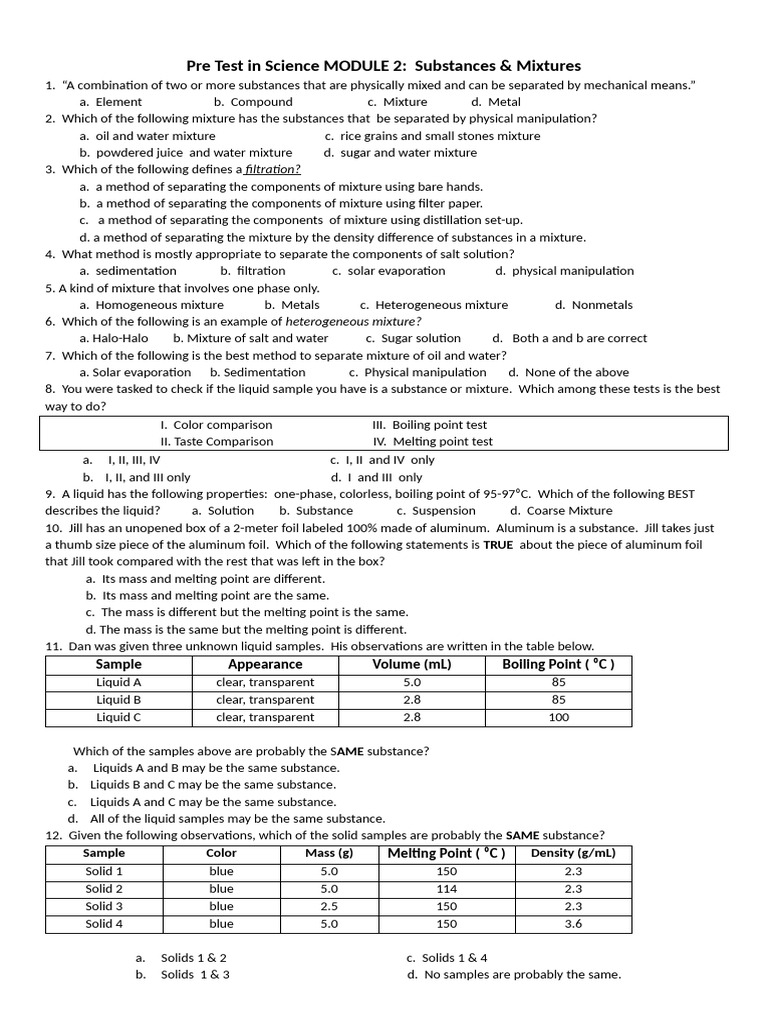 Science Pre-Test: Substances & Mixtures | PDF | Mixture | Chemical ...