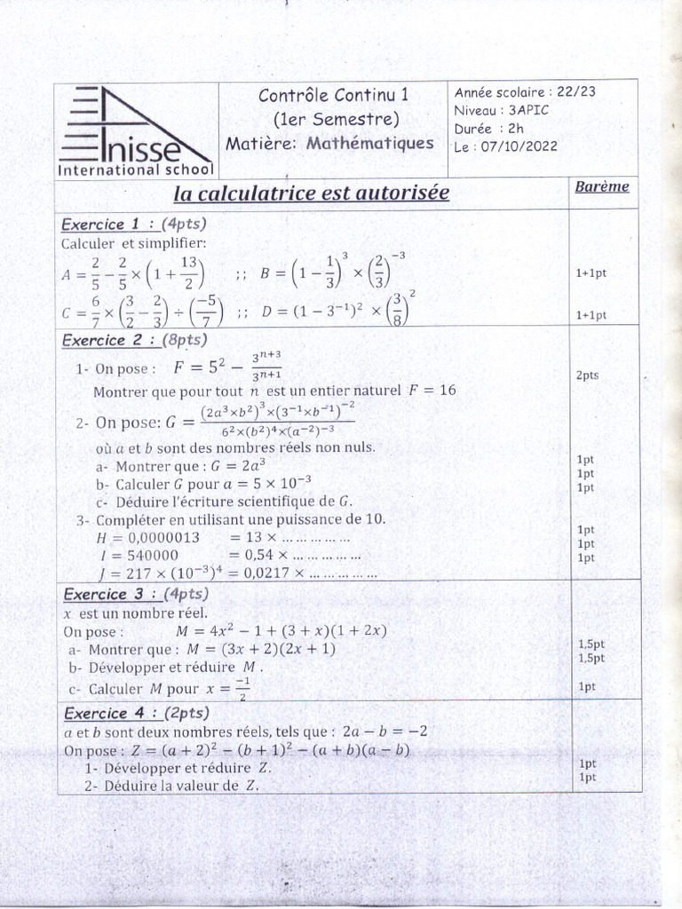 AIS 3APIC 2223 S1 C1 Maths | PDF