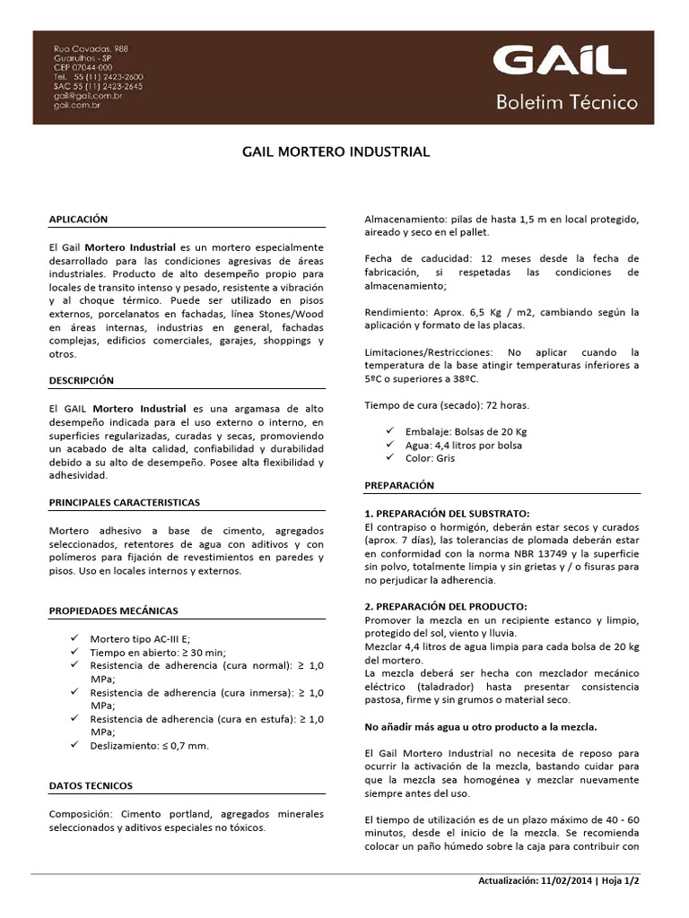 BT - Gail Mortero Industrial | PDF | Mortero (Albañilería) | Cemento