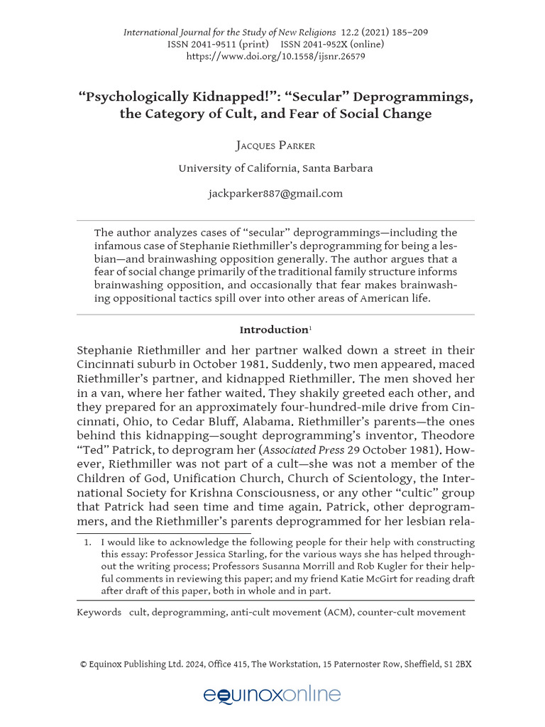 "Psychologically Kidnapped!" - "Secular" Deprogrammings, The Category of Cult, and Fear of ...