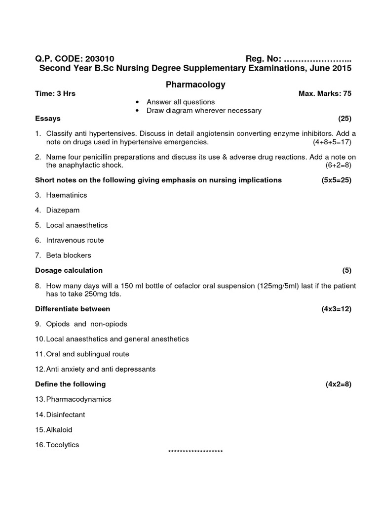 Q.P. CODE: 203010 Reg. No: ... Second Year B.SC Nursing Degree Supplementary Examinations, June ...