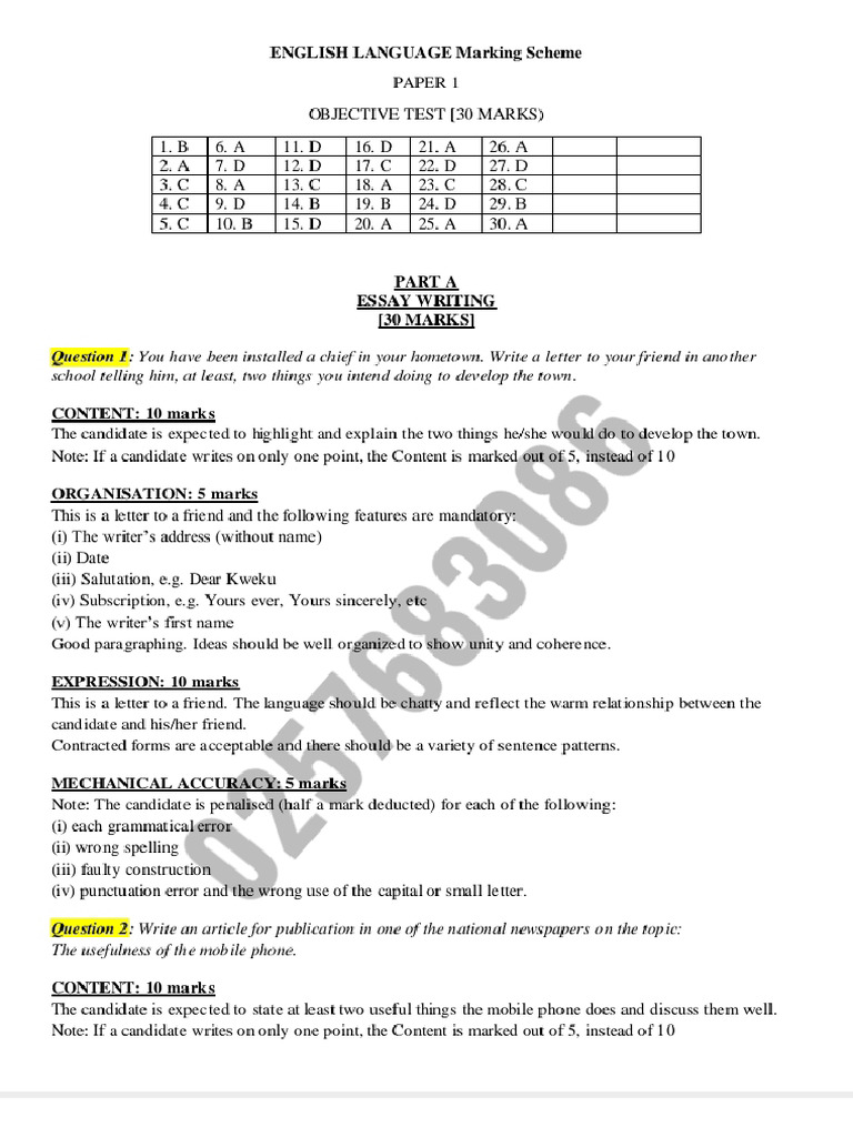 Bece 2023 English Try Test 2 Marking Scheme | PDF