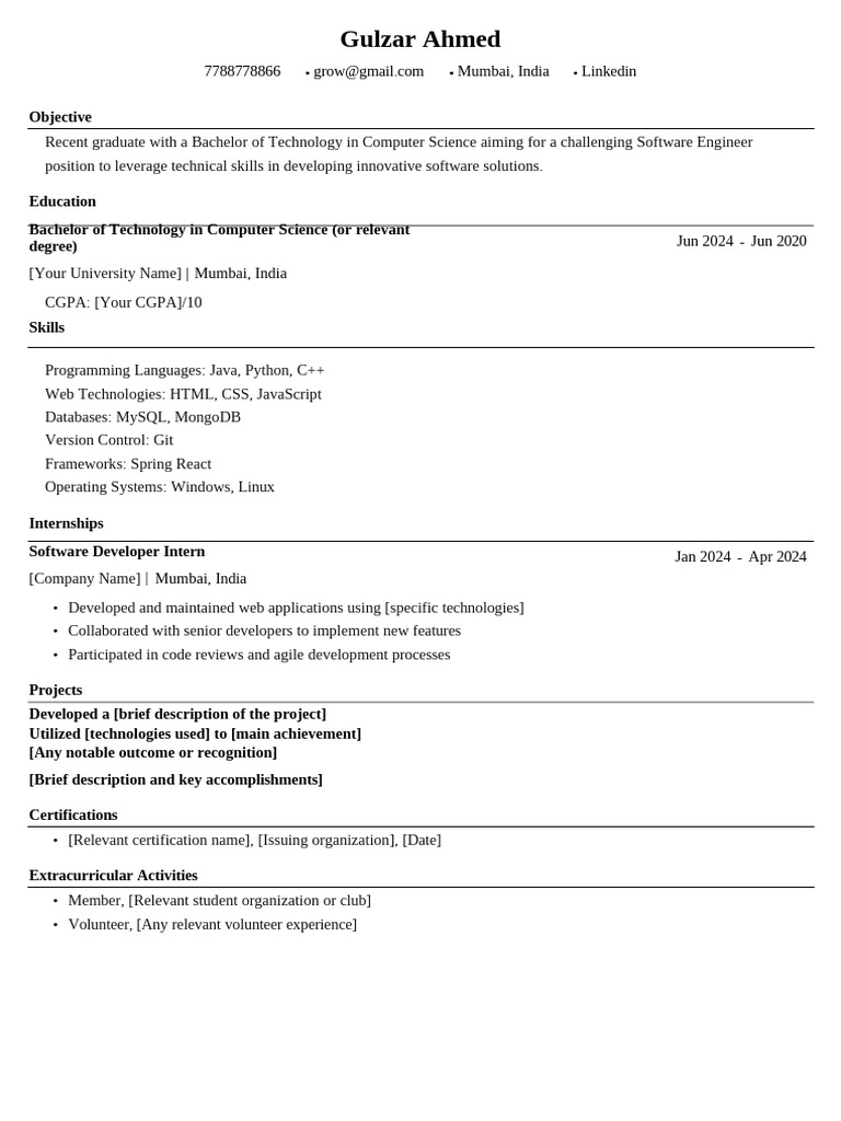 Software Engineer Resume: Gulzar Ahmed | PDF