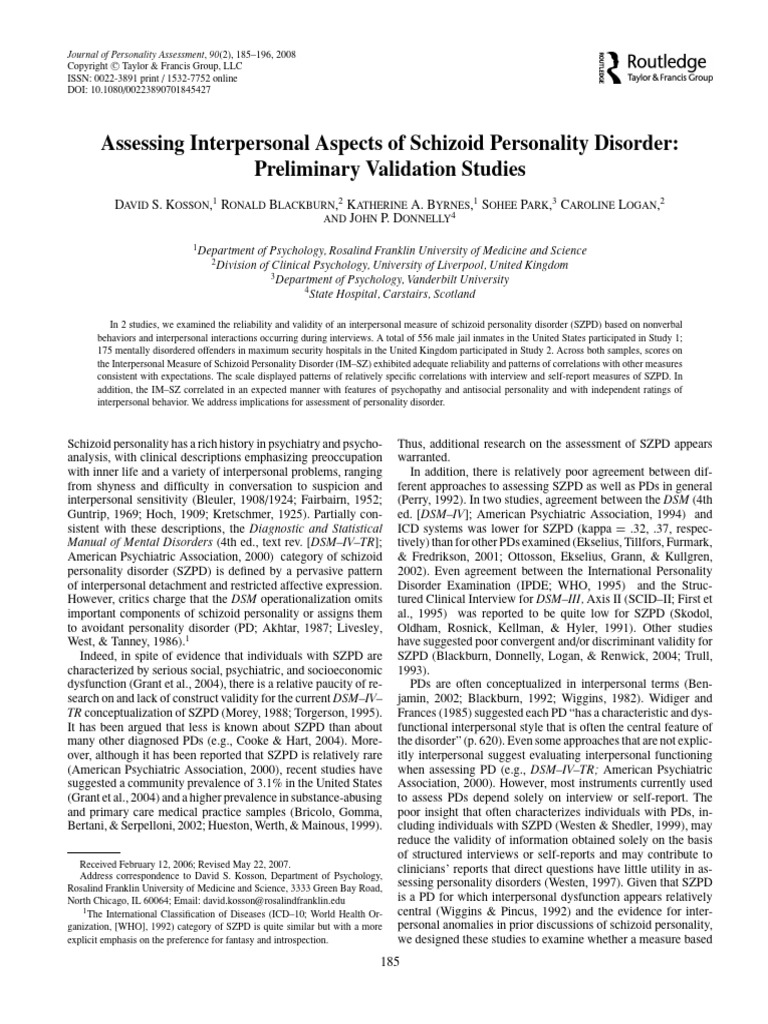 Assessing Interpersonal Aspects of Schizoid Personality Disorder - Preliminary Validation ...