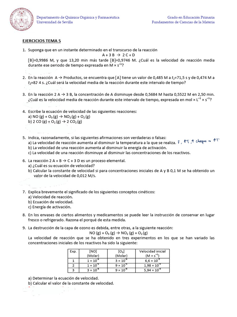 Tema 5 Ejercicios | PDF | Velocidad de reacción | Cinética química