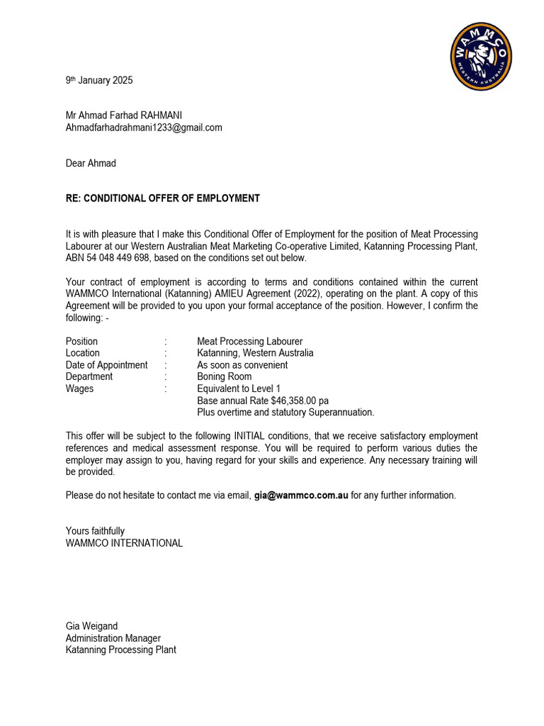 Conditional Job Offer: Meat Processing Labourer | PDF | Employment ...