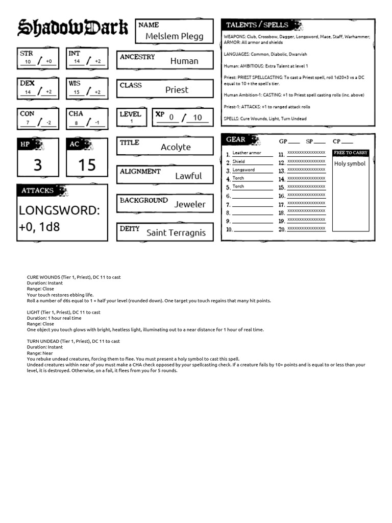 ShadowDark Priest Character Sheet | PDF