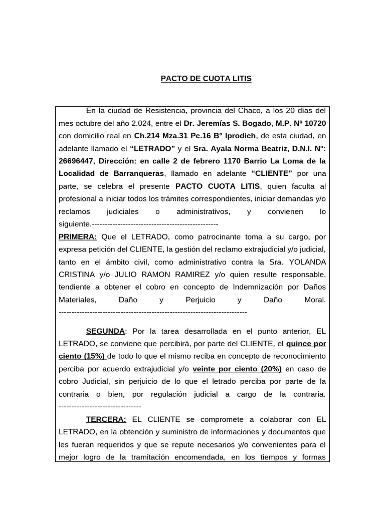 Modelo de Pacto de Cuota Litis | PDF