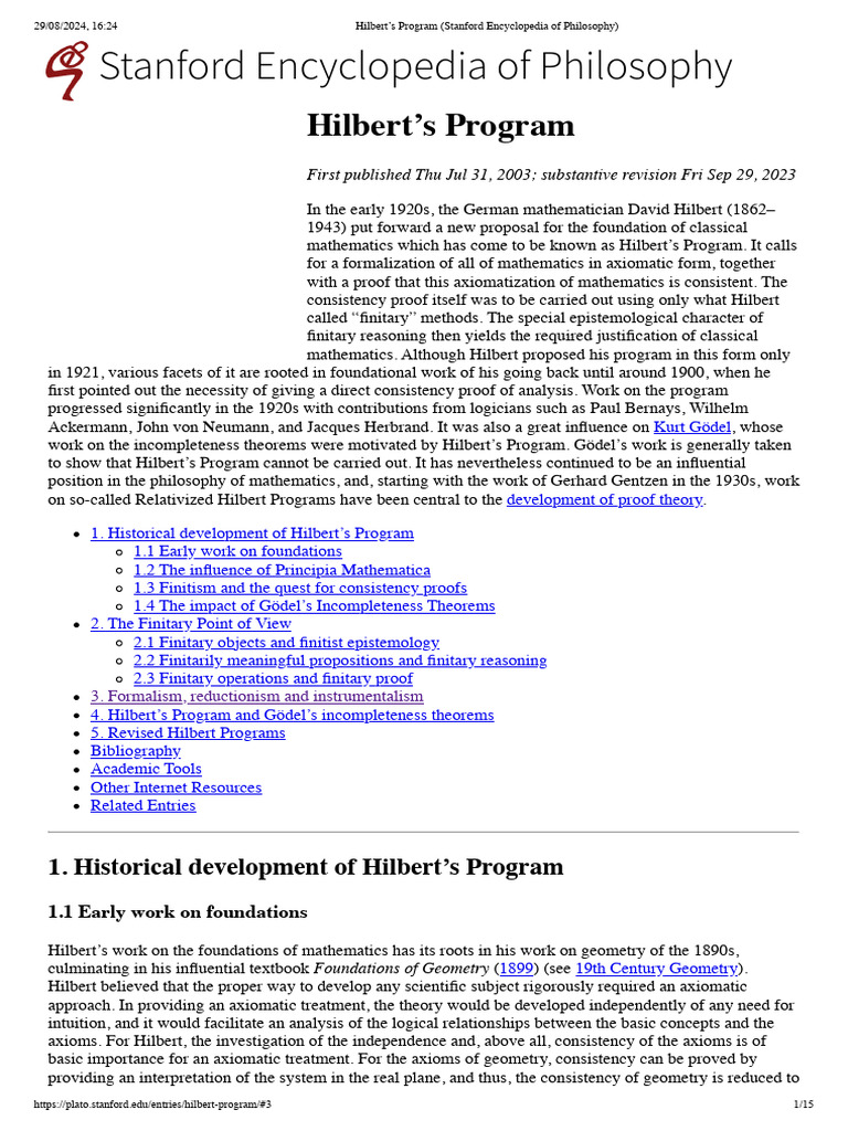 Hilbert's Program (Stanford Encyclopedia of Philosophy) | PDF | Mathematical Logic | Axiom