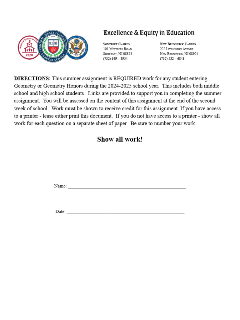 Geometry Summer Assignment 2024-25 | PDF | Triangle | Area