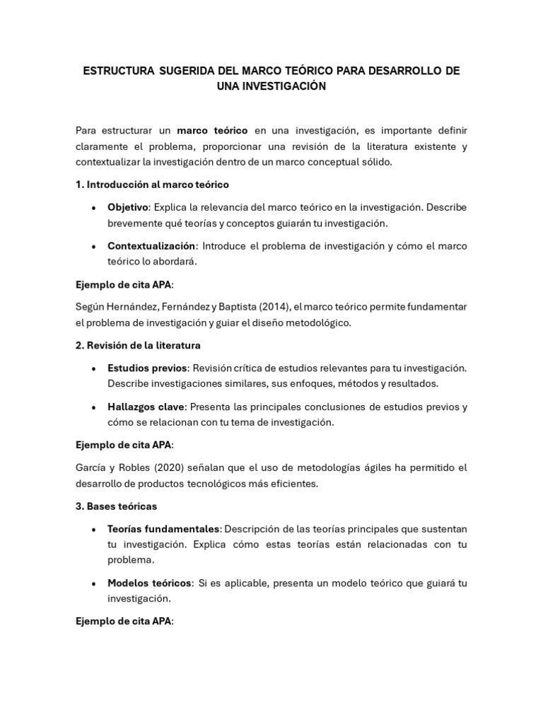 ESTRUCTURA SUGERIDA DEL MARCO TEÓRICO PARA DESARROLLO DE UNA ...
