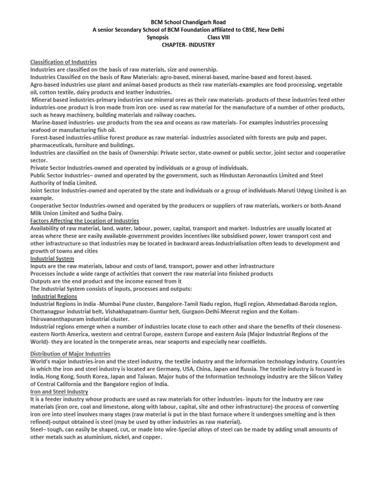 SYNOPSIS CHAPTER - INDUSTRY CLASS VIII | PDF | Steel | Iron Ore