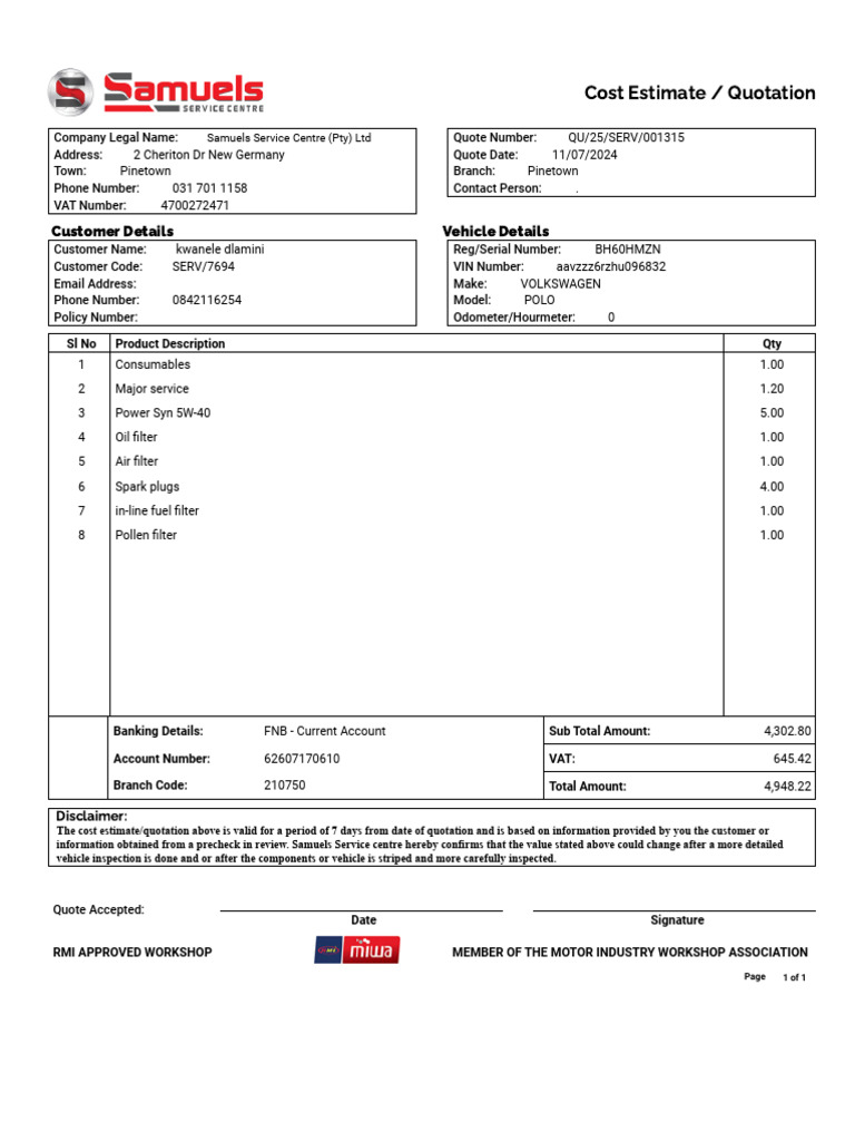 Cost Estimate _ Quotation | PDF | Land Vehicles | Automotive Industry