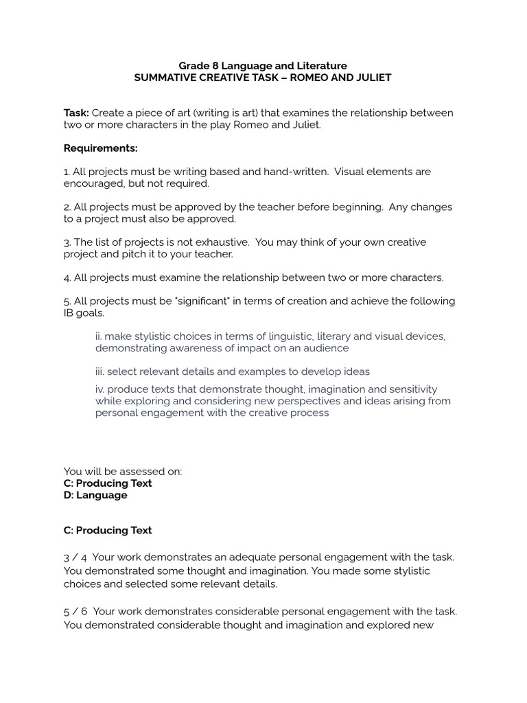 R J Summative Creative Tasks Sheet | PDF | Characters In Romeo And ...