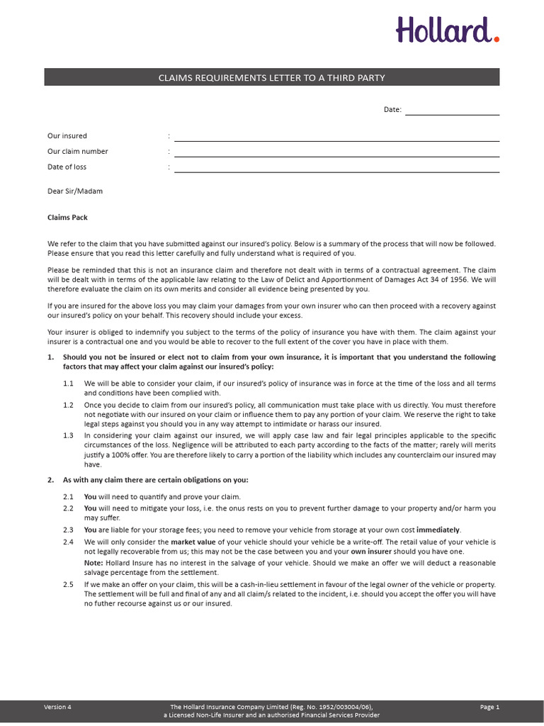 Claims Requirements Letter To A Third Party | PDF | Insurance | Legal ...
