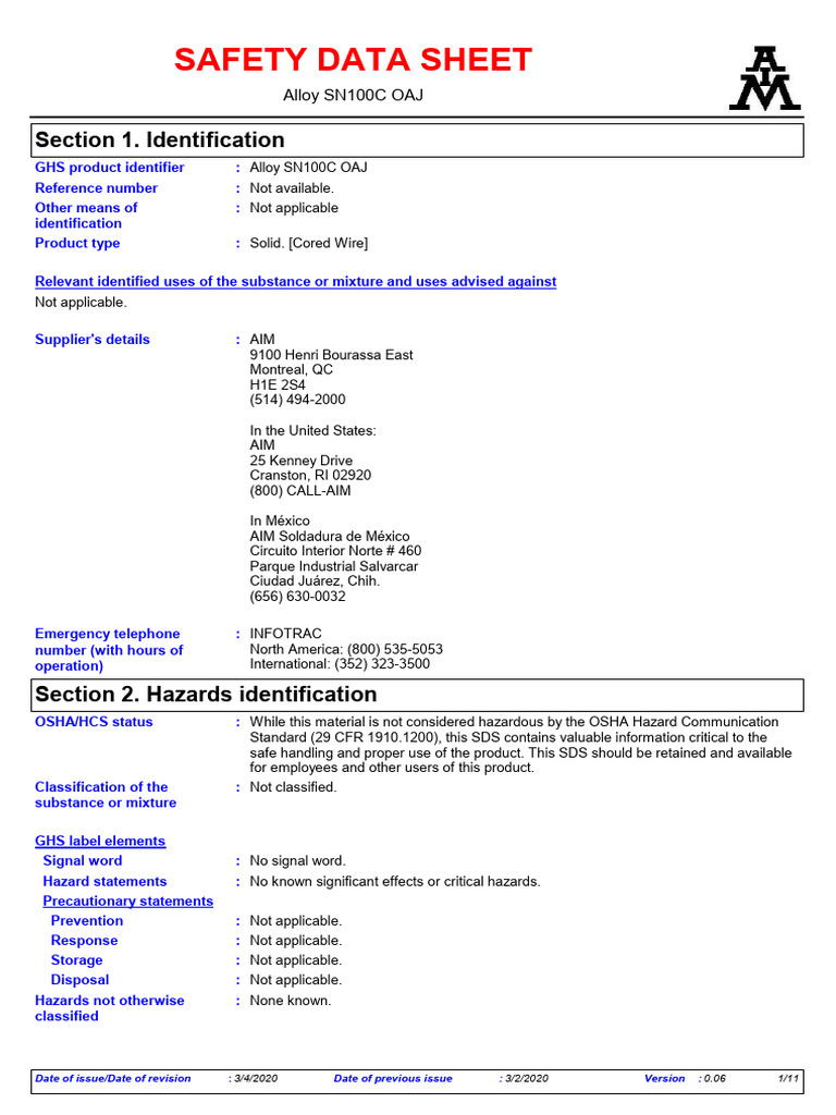 Alloy SN100C OAJ - GHS - AMERICA - English | PDF | Materials | Working ...
