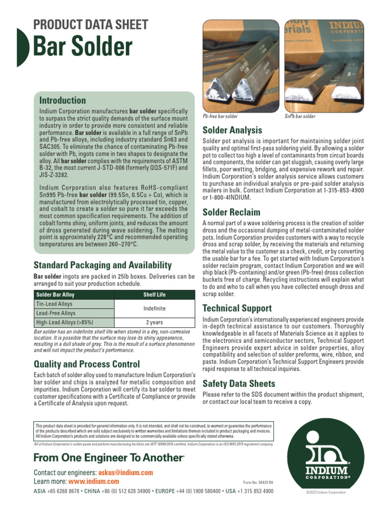 Indium Bar-Solder DataSheet 0823 | PDF | Solder | Soldering