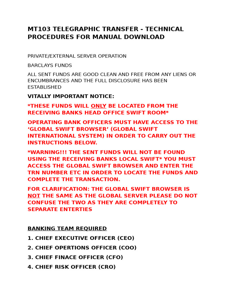 MT103 Transfer Guide for Bank Execs | PDF | Swift (Programming Language) | Computing