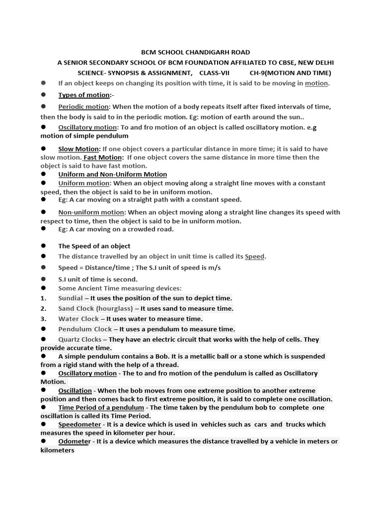 Syn & Ass, Vii, CH-9, Motion & Time | PDF | Pendulum | Speed