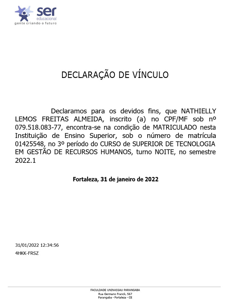 1 - Declaração de Vínculo | PDF