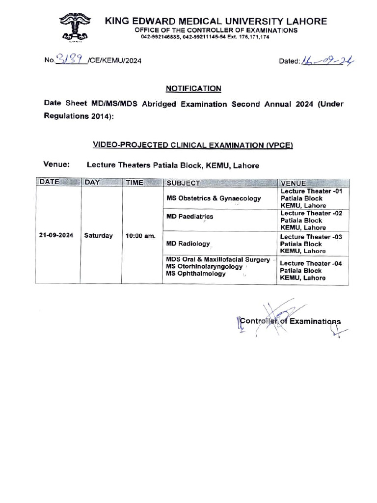 KEMU 2024 MD/MS Exam Schedule | PDF