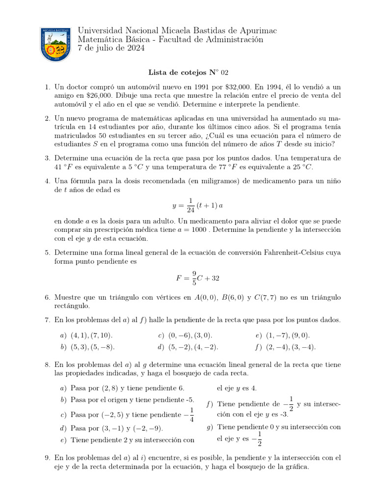 Mate Básica Lista de Cotejos02 UNAMBA | PDF | Pendiente | Línea (geometría)