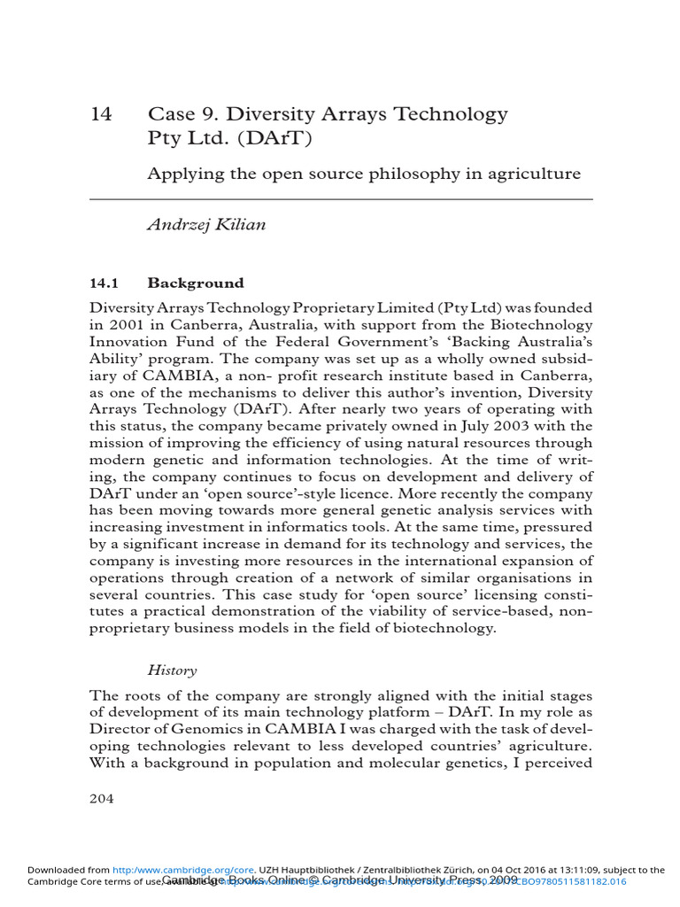 Case 9 Diversity Arrays Technology Pty LTD DArT Applying The Open Source Philosophy in ...