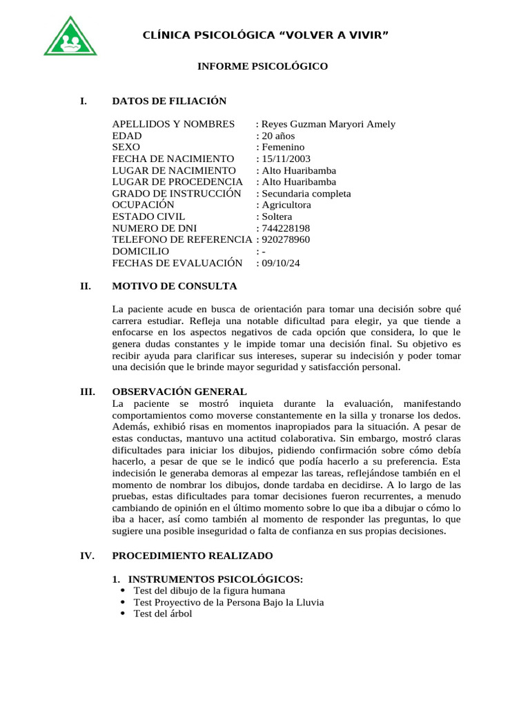 Informe Psicológico Maryory Amely Reyes Guzmar | PDF | Las emociones ...