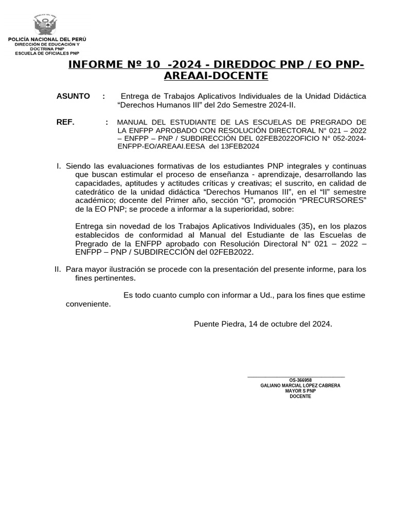 INFORME EO PNP 2024 Tc - Tai (1) de Derechos Humanos III 2024 1G TAI | PDF