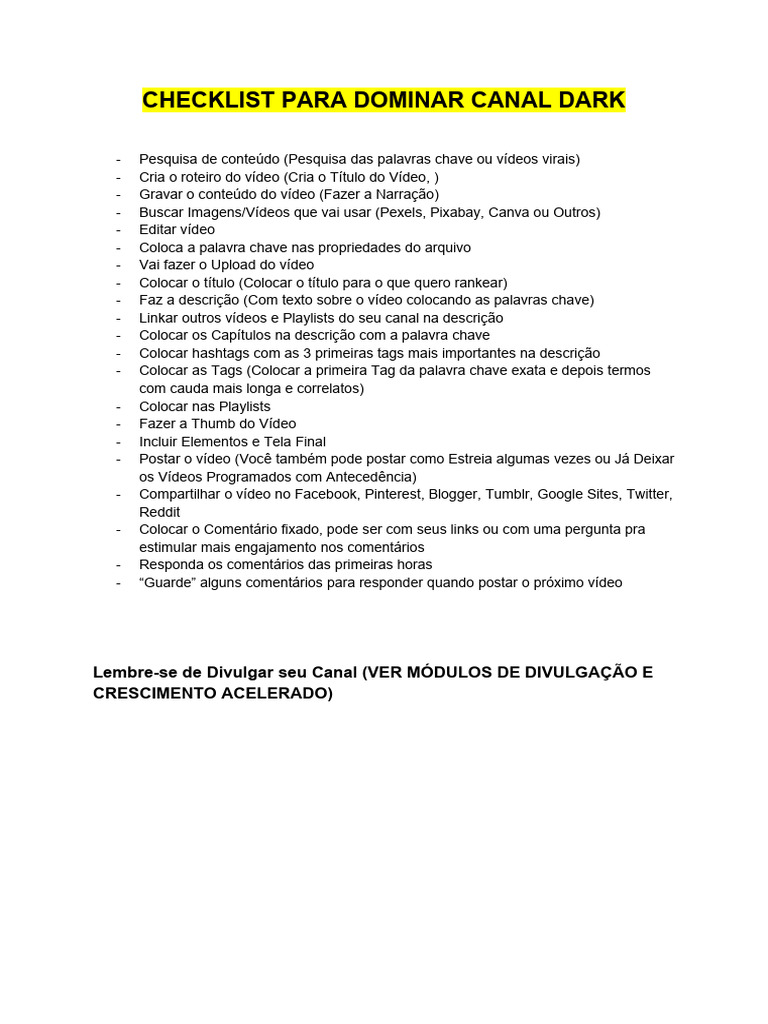 Checklist para Canal Dark Eficiente | PDF