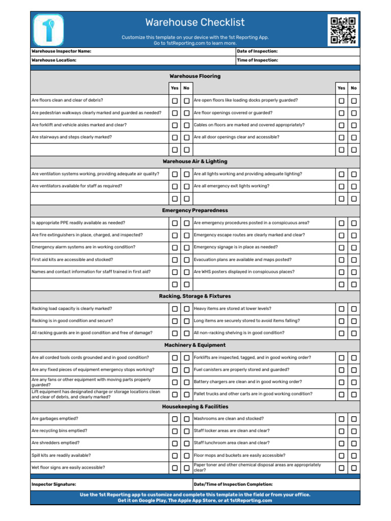 Warehouse Safety Inspection Checklist | PDF | Warehouse | Forklift