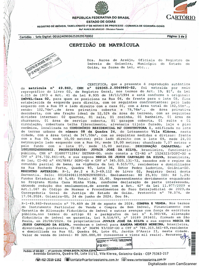 Certidão de Matrícula Imóvel Sandra Mendes Moreira | PDF