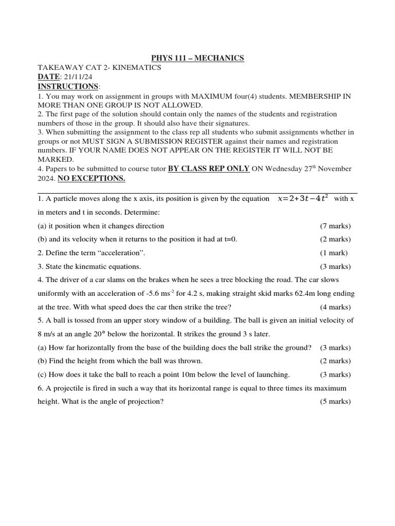 PHYS 111 Mechanics Kinematics Assignment | PDF