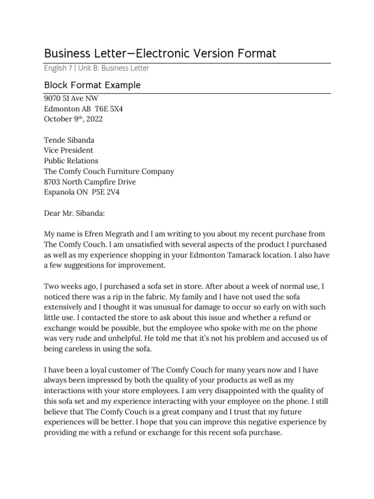 Business Letter Electronic Version Format | PDF | Couch
