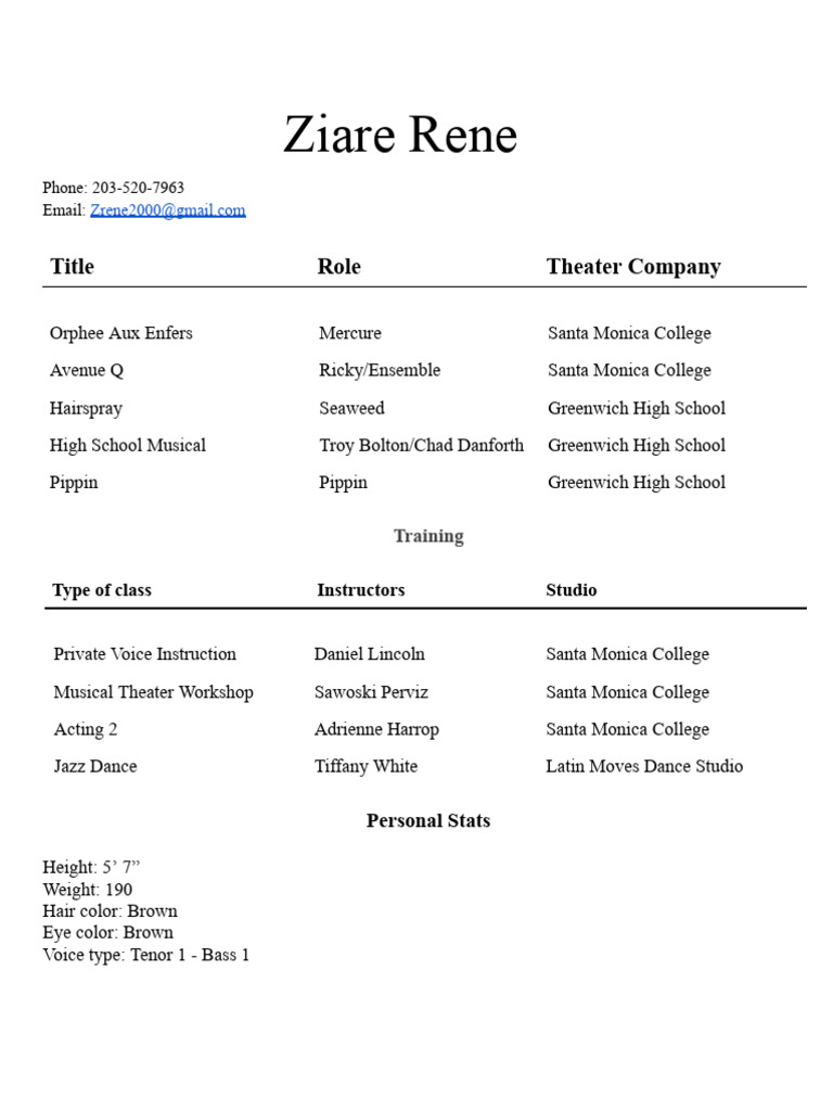 Ziare Rene: Actor & Vocalist Profile | PDF