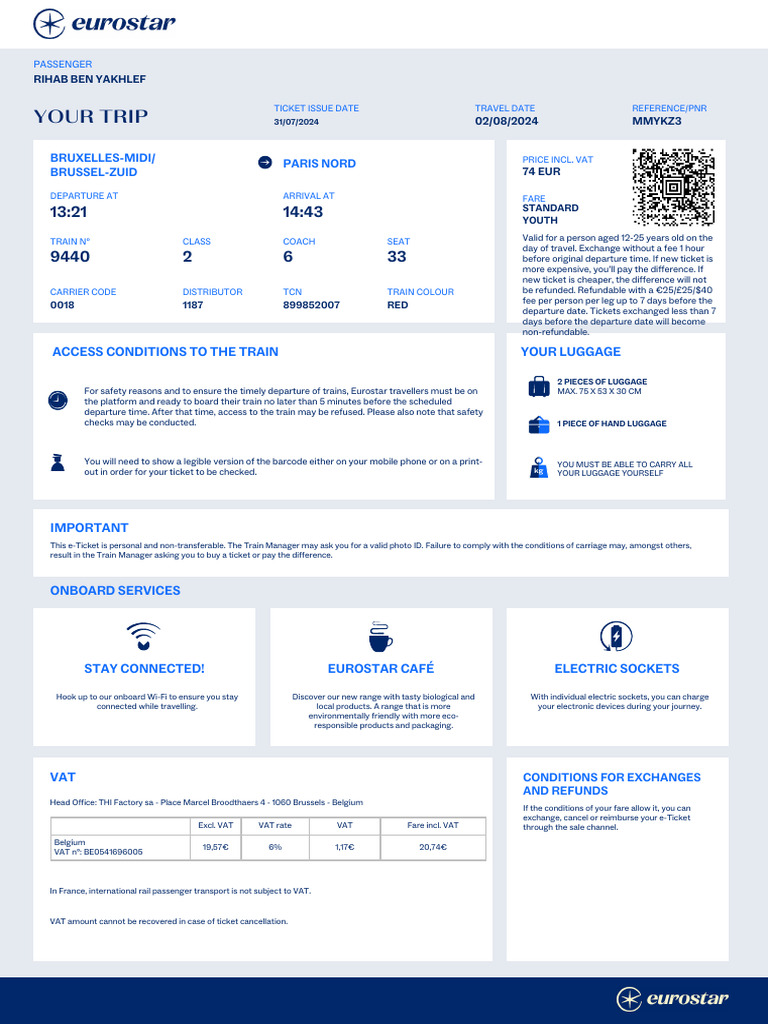MMYKZ3 Paris Gare Du Nord 02 Aug 2024 Ticket1 | PDF | Value Added Tax | Transport