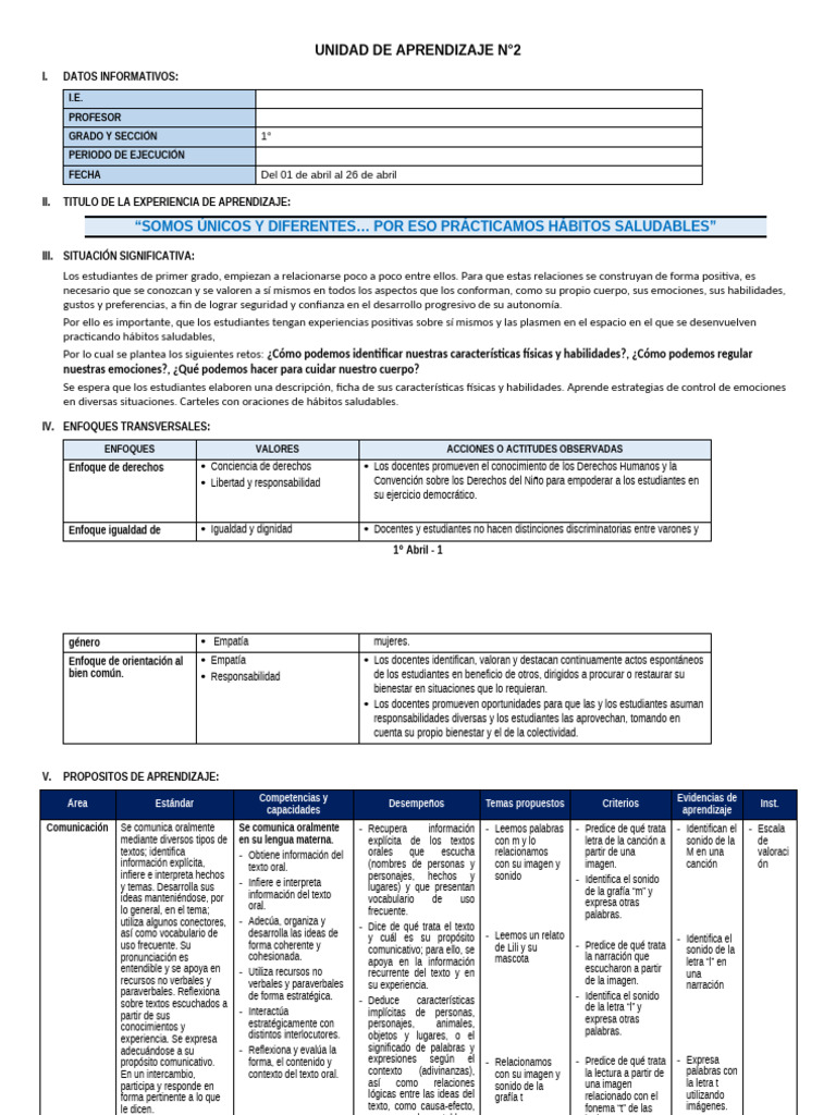 1° Grado - Unidad de Aprendizaje N°02 | PDF | Aprendizaje | Escritura