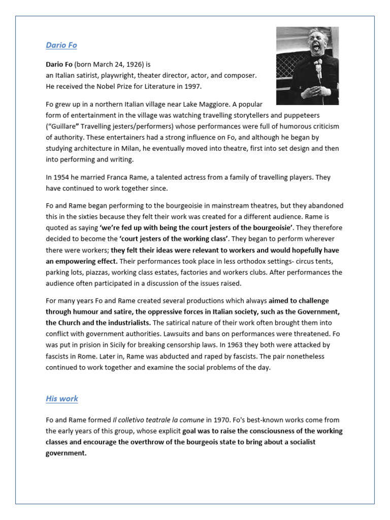 Dario Fo info sheet | PDF | Commedia Dell'arte | Satire
