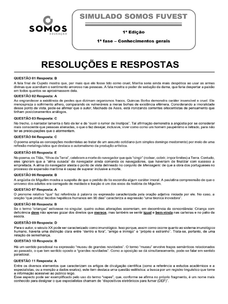 Resolução - Simulado Fuvest - 1 Fase - 1° Semestre - 2023 | PDF
