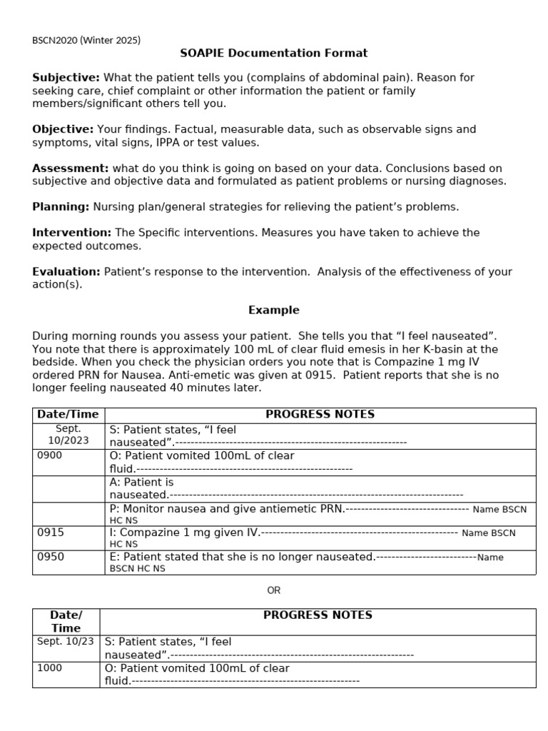 SOAPIE Example_W2025 | PDF | Nausea | Symptoms And Signs