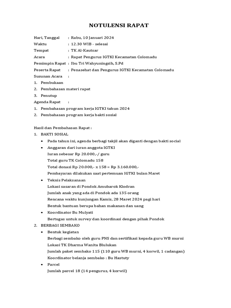 Notulensi Rapat Pengurus IGTKI Januari 2024 | PDF