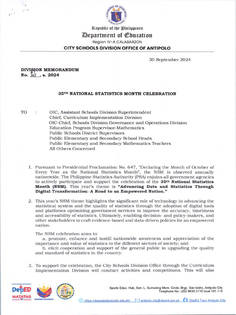 DM 26 35TH National Statistics Month Celebration | PDF