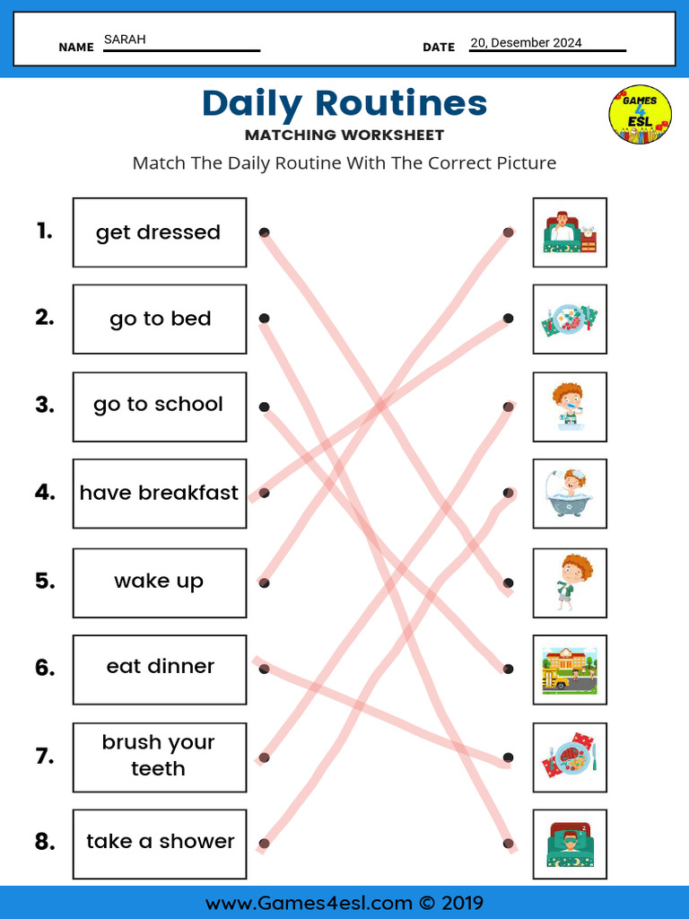 Daily Routine Worksheet Matching Worksheet | PDF