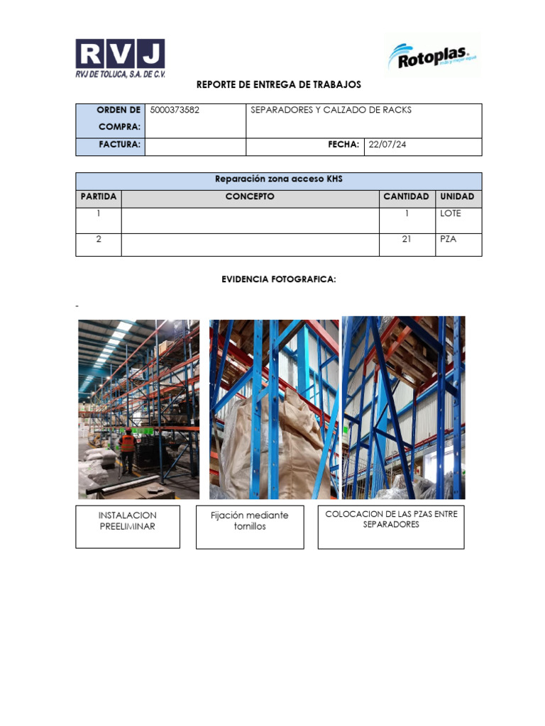 REPORTE DE ENTREGA SEPARADORES RACKS ZONA ALMACEN | PDF