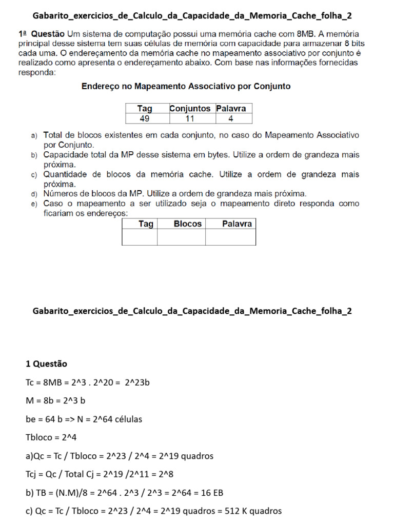 Gabarito Exercicios de Calculo Da Capacidade Da Memoria Cache Folha 2 | PDF