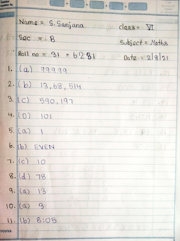 Maths Test, Class 6-B, Roll No - 6231 | PDF