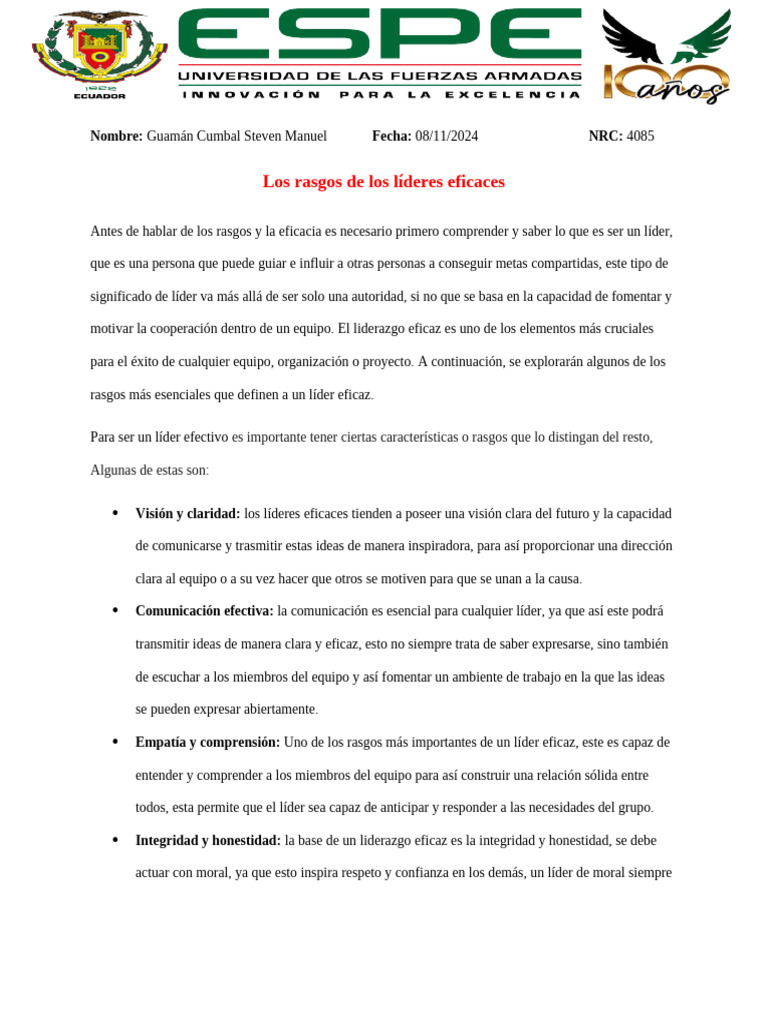Guaman Cumbal Steven Manuel - Ensayo Liderazgo | PDF | Liderazgo ...