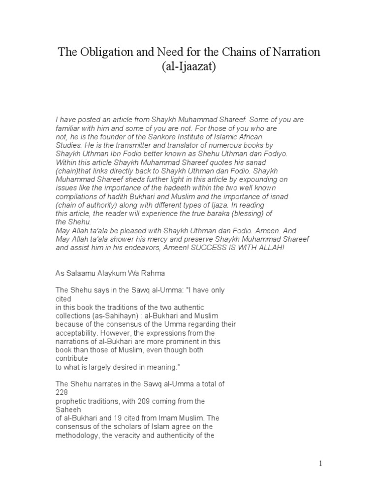 The Obligation and Need For The Chains of Narration | PDF | Hadith ...