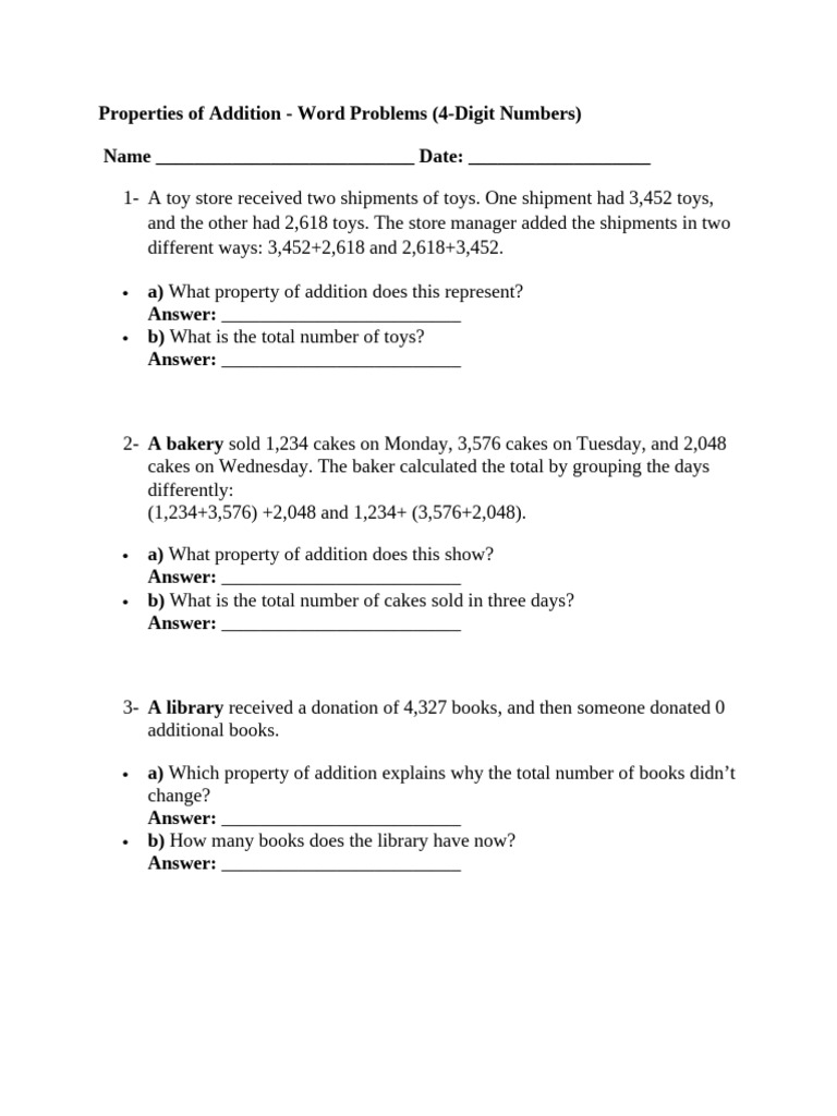Properties of Addition Word Problem Blue | PDF