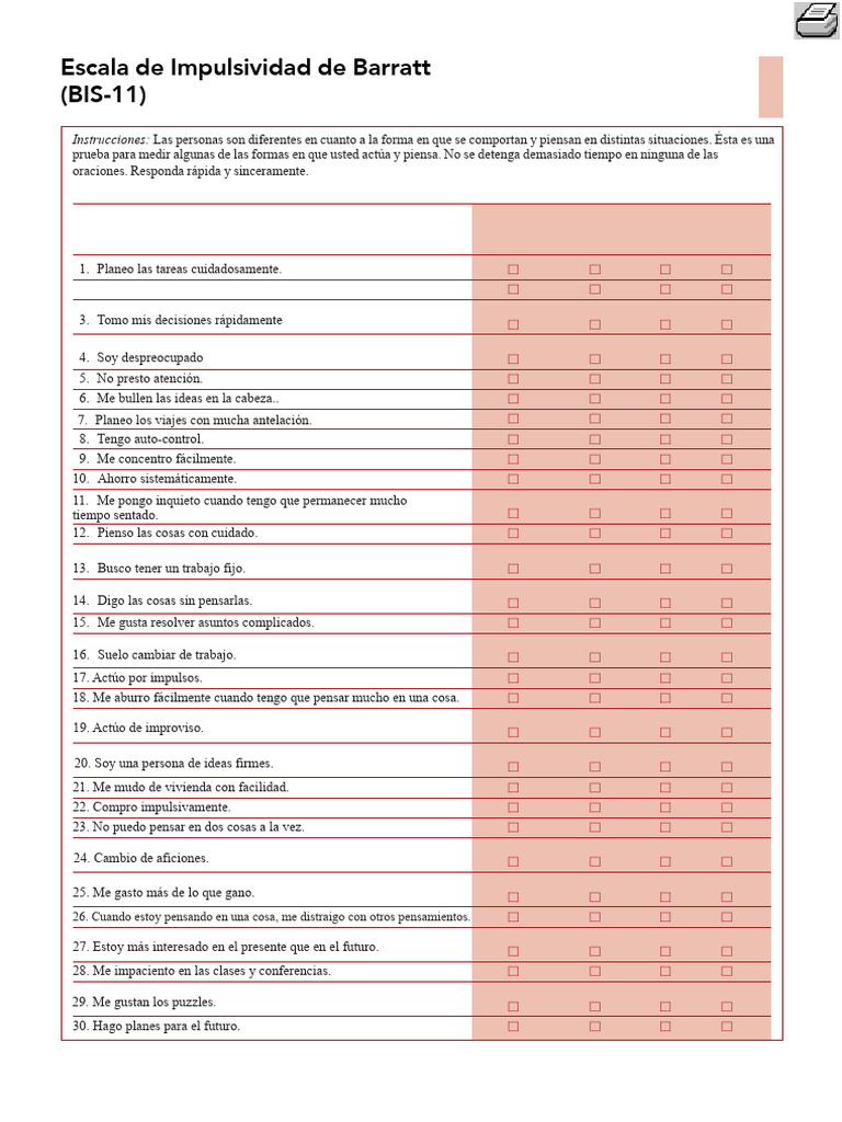 ESCALA DE IMPULSIVIDAD DE BARRAT (BIS-11) | PDF